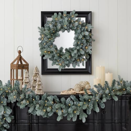 Blue Spruce 24" Wreath with Warm White LED Lights | Pre-strung with 50 warm white LED lights | indoor or covered outdoor