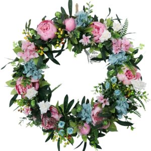 Ansuma Peony Flower Wreath, 24 Inches Door Wreath Floral Green Wreath for Front Door Decorations Wall Decor