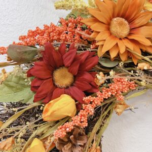 Abbie Home 24" Sunflower Wreath for Fall - Red Orange Floral Wreaths with Green Leaves Pinecones for Front Door Window Garland Holiday Festival Fall Home Wall Decoration Everyday Housewarming Gift