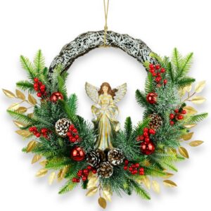 24" angel christmas wreath, artificial holiday wreath with resin angel statue, natural rattan ring & pine cones, golden leaves, red baubles, spruce branches, snowy pine needles (angel)