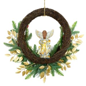 24" Angel Christmas Wreath, Artificial Holiday Wreath with Resin Angel Statue, Natural Rattan Ring & Pine Cones, Golden Leaves, Red Baubles, Spruce Branches, Snowy Pine Needles (Angel)