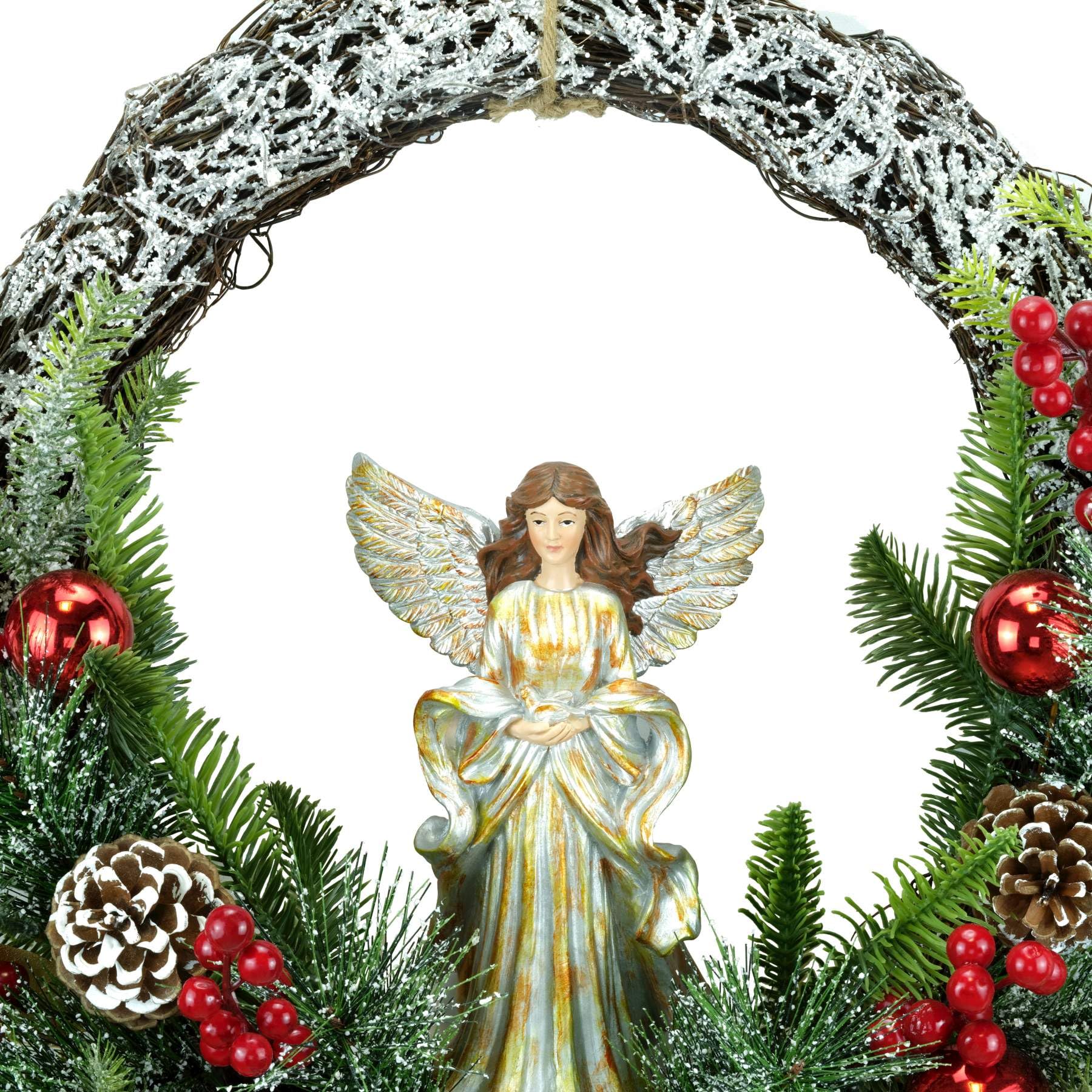 24" Angel Christmas Wreath, Artificial Holiday Wreath with Resin Angel Statue, Natural Rattan Ring & Pine Cones, Golden Leaves, Red Baubles, Spruce Branches, Snowy Pine Needles (Angel)