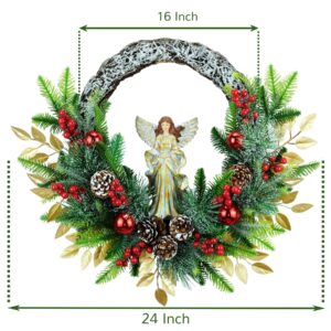 24" Angel Christmas Wreath, Artificial Holiday Wreath with Resin Angel Statue, Natural Rattan Ring & Pine Cones, Golden Leaves, Red Baubles, Spruce Branches, Snowy Pine Needles (Angel)