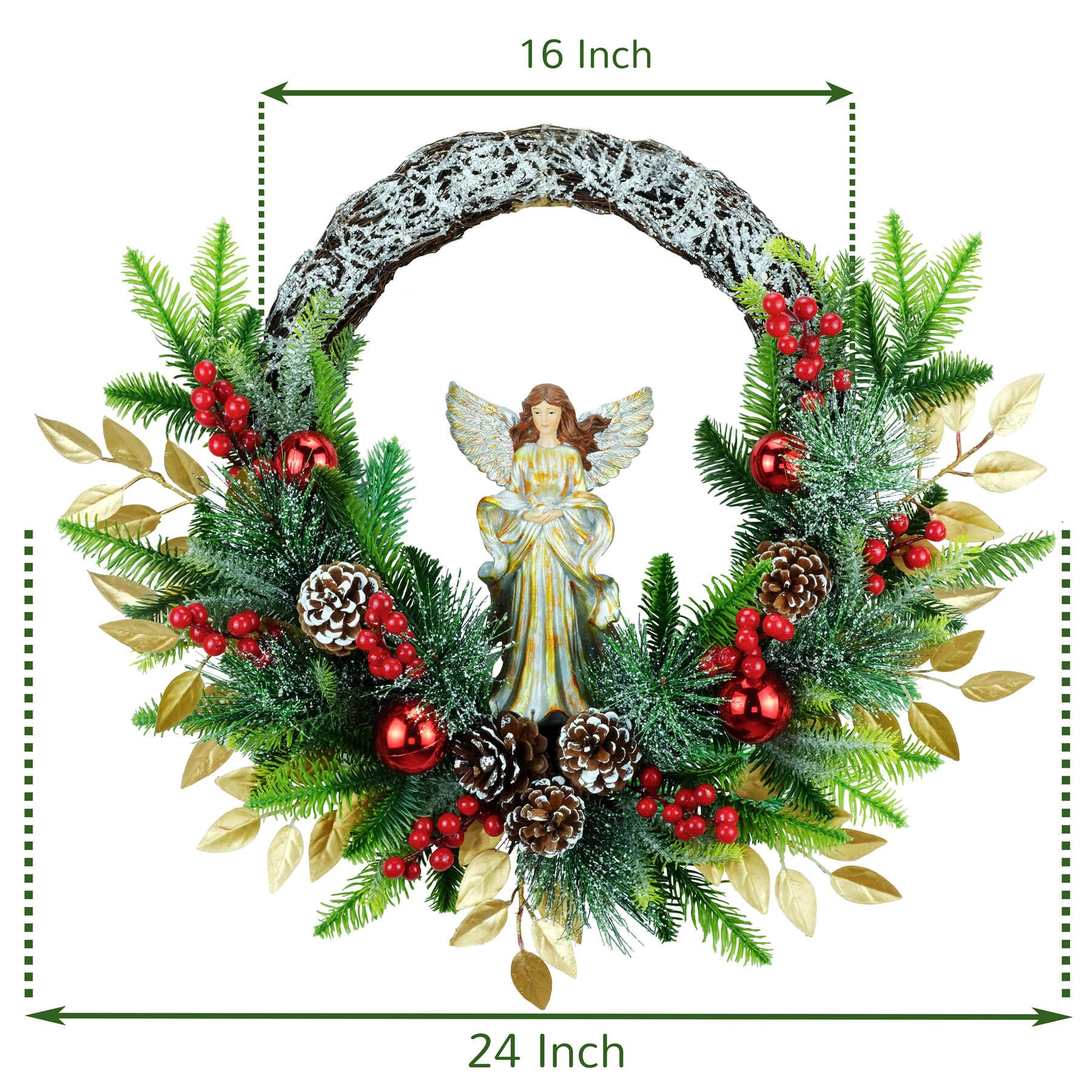 24" Angel Christmas Wreath, Artificial Holiday Wreath with Resin Angel Statue, Natural Rattan Ring & Pine Cones, Golden Leaves, Red Baubles, Spruce Branches, Snowy Pine Needles (Angel)