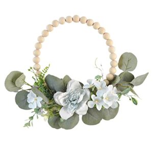 yhnji artificial flower wreath,wood beads flower wreath,farmhouse hoop wreath with flowers,simulation wood beads door wreath,artificial spring flowers garland for front door decor, blue, 33cm/13.65in