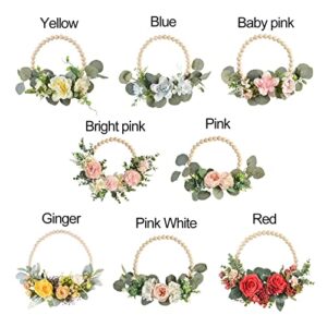 YHNJI Artificial Flower Wreath,Wood Beads Flower Wreath,Farmhouse Hoop Wreath with Flowers,Simulation Wood Beads Door Wreath,Artificial Spring Flowers Garland for Front Door Decor, Blue, 33cm/13.65in