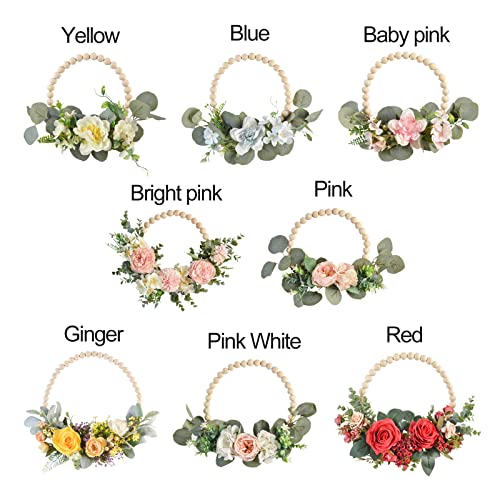 YHNJI Artificial Flower Wreath,Wood Beads Flower Wreath,Farmhouse Hoop Wreath with Flowers,Simulation Wood Beads Door Wreath,Artificial Spring Flowers Garland for Front Door Decor, Blue, 33cm/13.65in