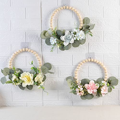 YHNJI Artificial Flower Wreath,Wood Beads Flower Wreath,Farmhouse Hoop Wreath with Flowers,Simulation Wood Beads Door Wreath,Artificial Spring Flowers Garland for Front Door Decor, Blue, 33cm/13.65in