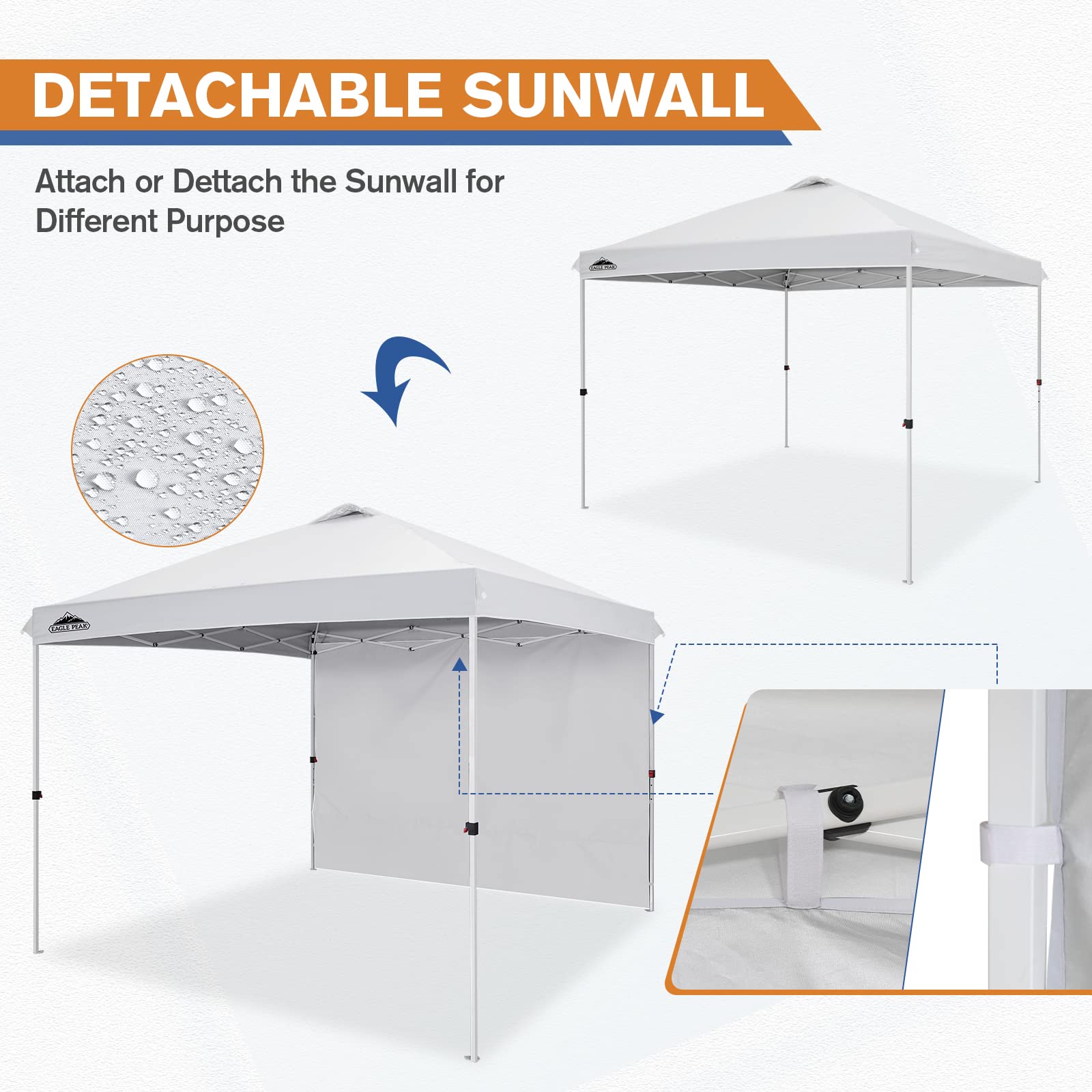 EAGLE PEAK Commercial Pop up Canopy with 1 Sidewall, Heavy Duty Canopy Tent 10x10, Roller Bag and 4 Weight Bags, White