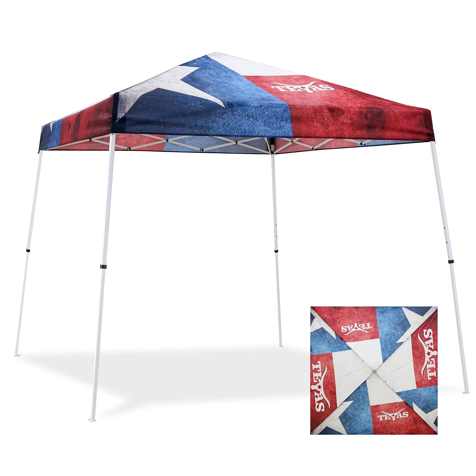 EAGLE PEAK 10x10 Slant Leg Pop-up Texas Flag Canopy Tent Easy One Person Setup Instant Outdoor Beach Canopy Folding Portable Sports Shelter 10x10 Base 8x8 Top (Texas Pride)