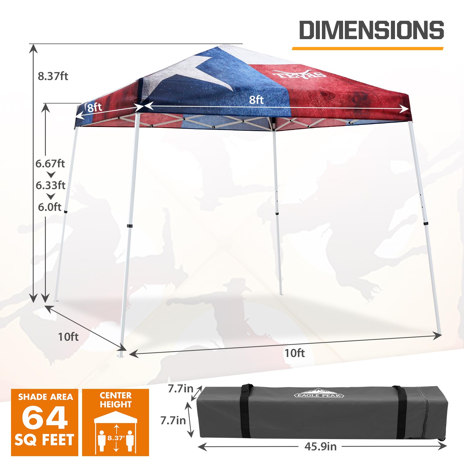 EAGLE PEAK 10x10 Slant Leg Pop-up Texas Flag Canopy Tent Easy One Person Setup Instant Outdoor Beach Canopy Folding Portable Sports Shelter 10x10 Base 8x8 Top (Texas Pride)