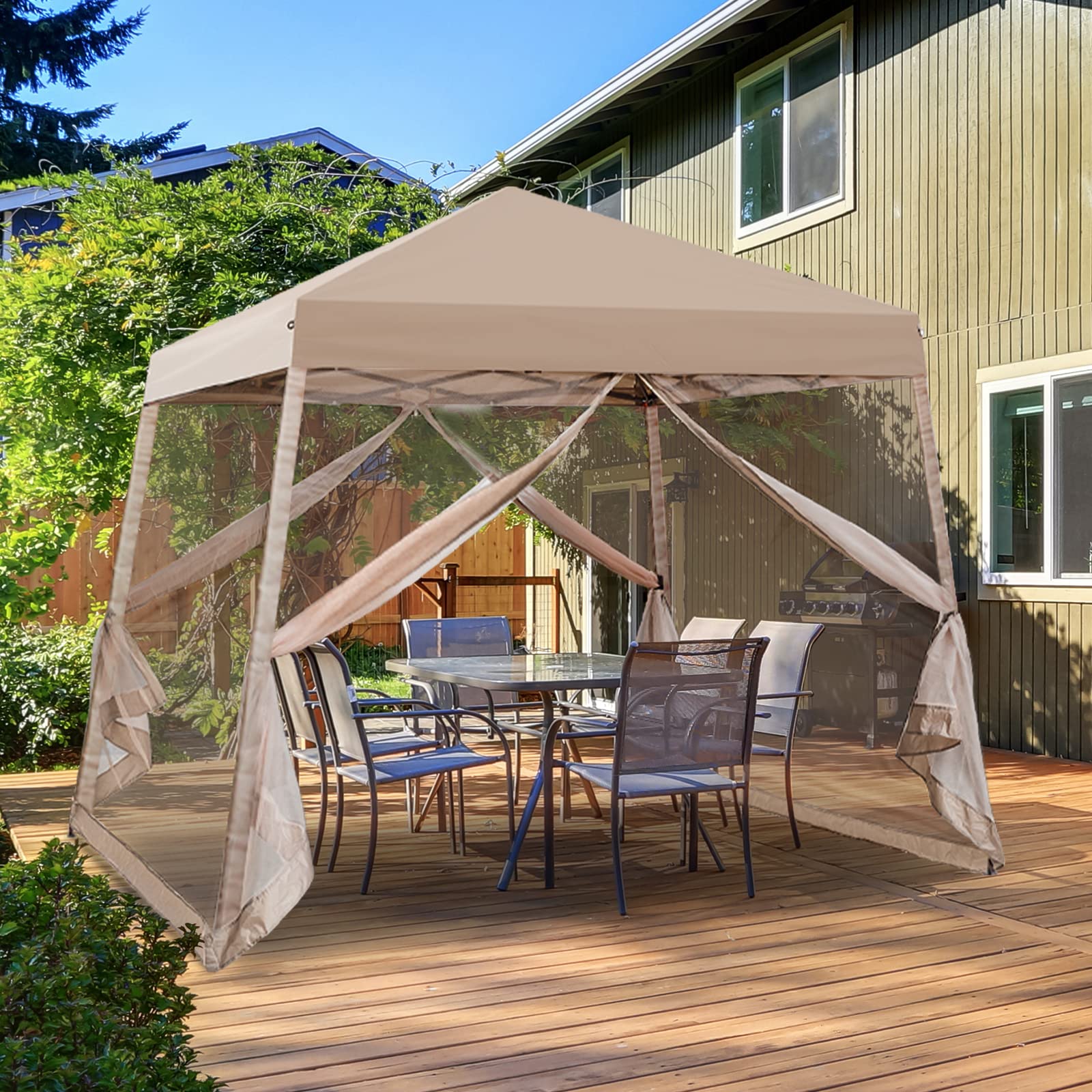 EAGLE PEAK 10x10 Slant Leg Easy Setup Pop Up Canopy Tent with Mosquito Netting 64 sqft of Shade, Beige