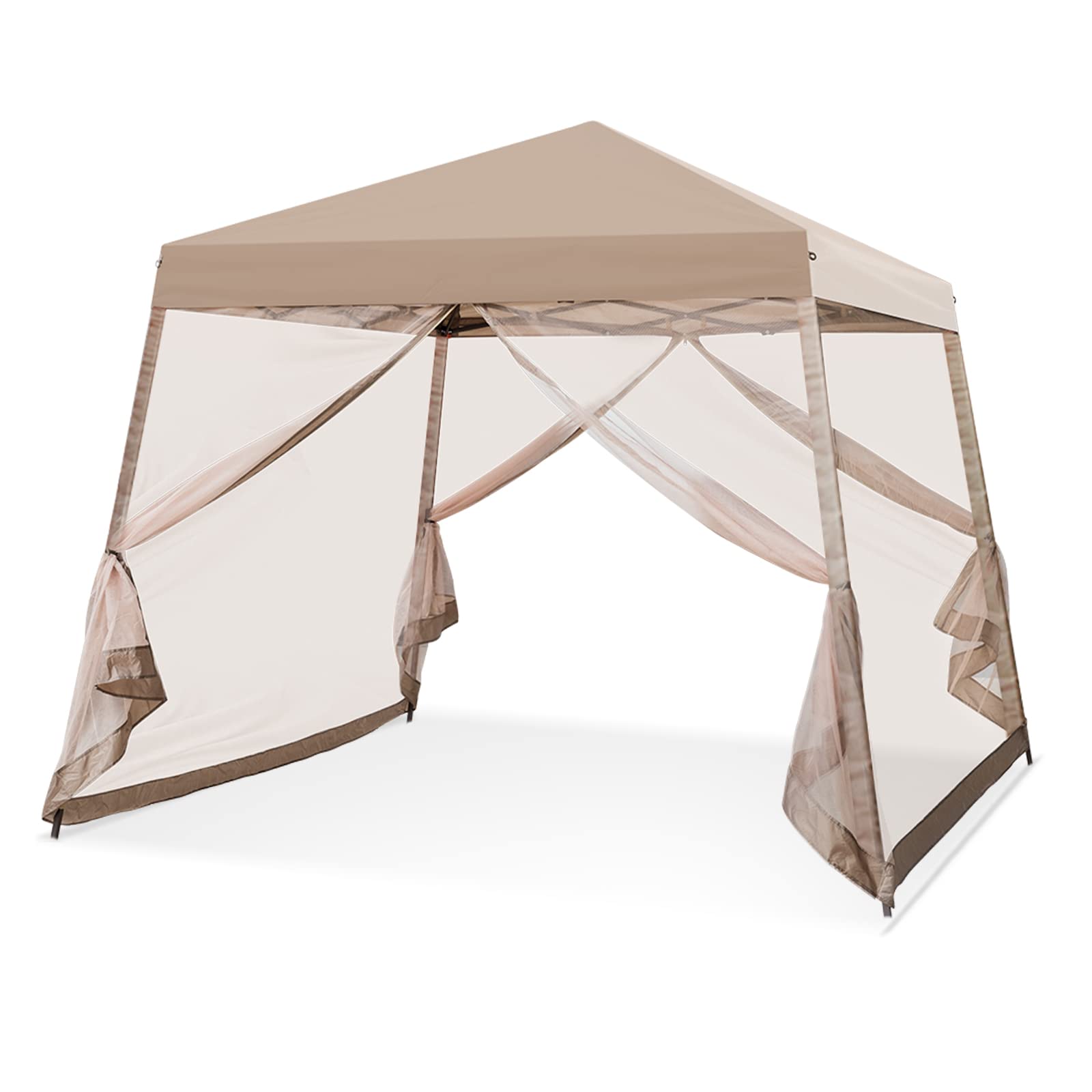 EAGLE PEAK 10x10 Slant Leg Easy Setup Pop Up Canopy Tent with Mosquito Netting 64 sqft of Shade, Beige