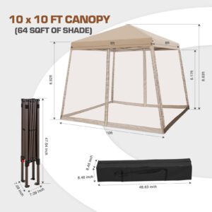 EAGLE PEAK 10x10 Slant Leg Easy Setup Pop Up Canopy Tent with Mosquito Netting 64 sqft of Shade, Beige