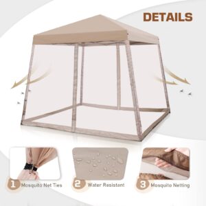 EAGLE PEAK 10x10 Slant Leg Easy Setup Pop Up Canopy Tent with Mosquito Netting 64 sqft of Shade, Beige