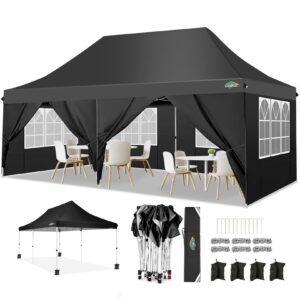 cobizi 10x20 pop up canopy with 6 removable sidewalls, outdoor canopy tents for parties wedding, instant sun protection shelter with upgrade raised roof and carry bag, with extra 4 sandbags