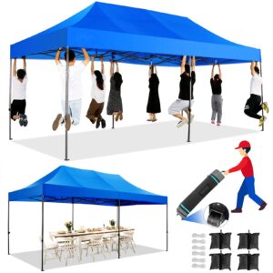 tooluck 10x20 heavy duty pop up canopy tent without sidewalls folding height adjustable easy up canopy upf 50+ all weather waterproof outdoor instant shelter party tent with roller bag blue