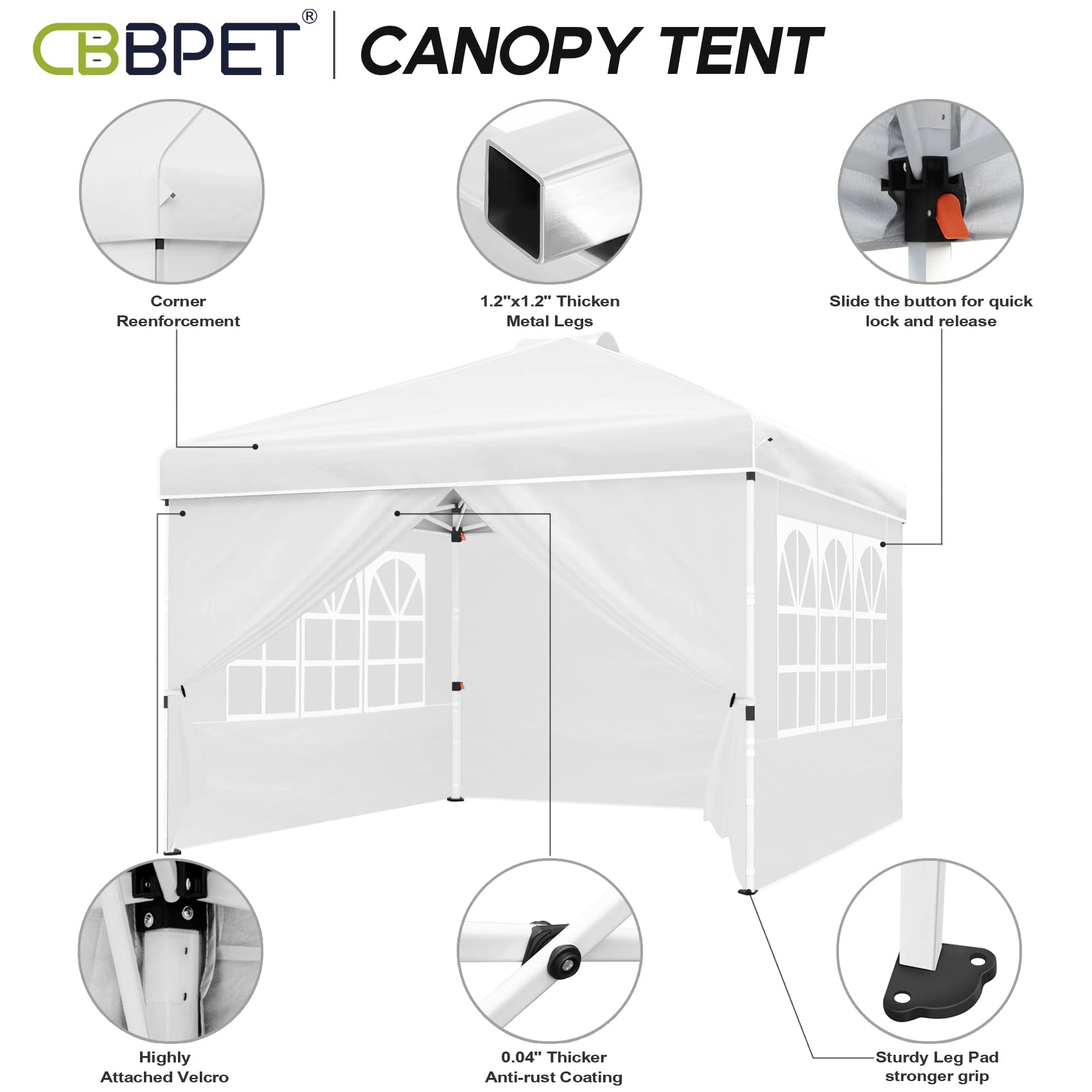 CBBPET Canopy, 10x10 Pop Up Canopy Instant Folding, Outdoor Canopy Tent with Sidewalls and Windows Sun Protection for Vendor Events, Outdoor Craft Show, Farmers Markets(White)