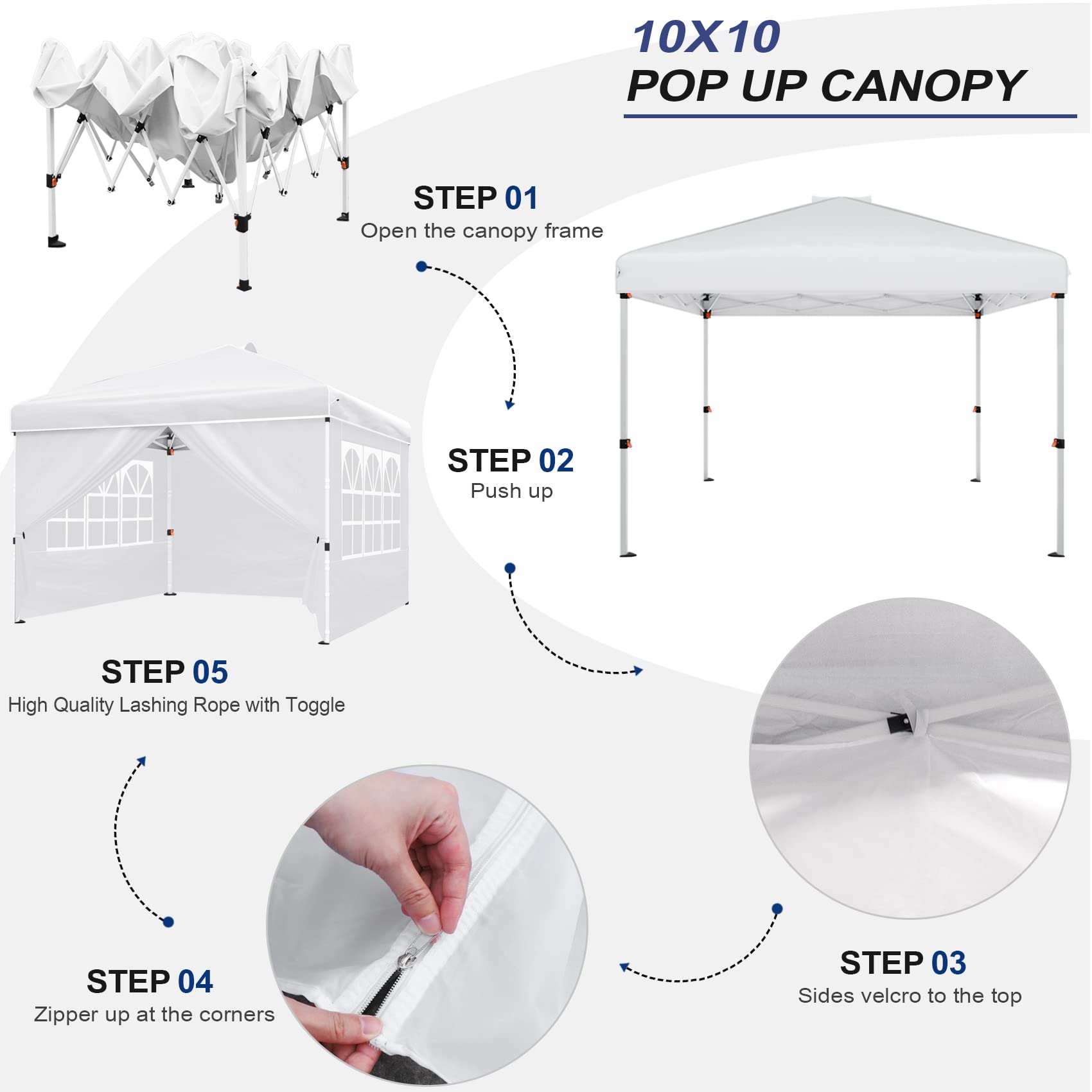 CBBPET Canopy, 10x10 Pop Up Canopy Instant Folding, Outdoor Canopy Tent with Sidewalls and Windows Sun Protection for Vendor Events, Outdoor Craft Show, Farmers Markets(White)