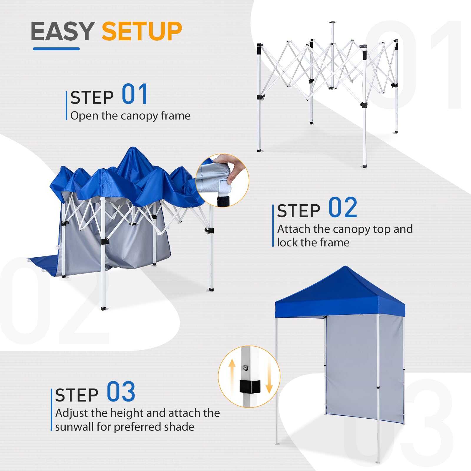 EAGLE PEAK Pop up Canopy 5x5, Outdoor Portable Canopy Tent with One Removable Sunwall, Carry Bag Included, Blue