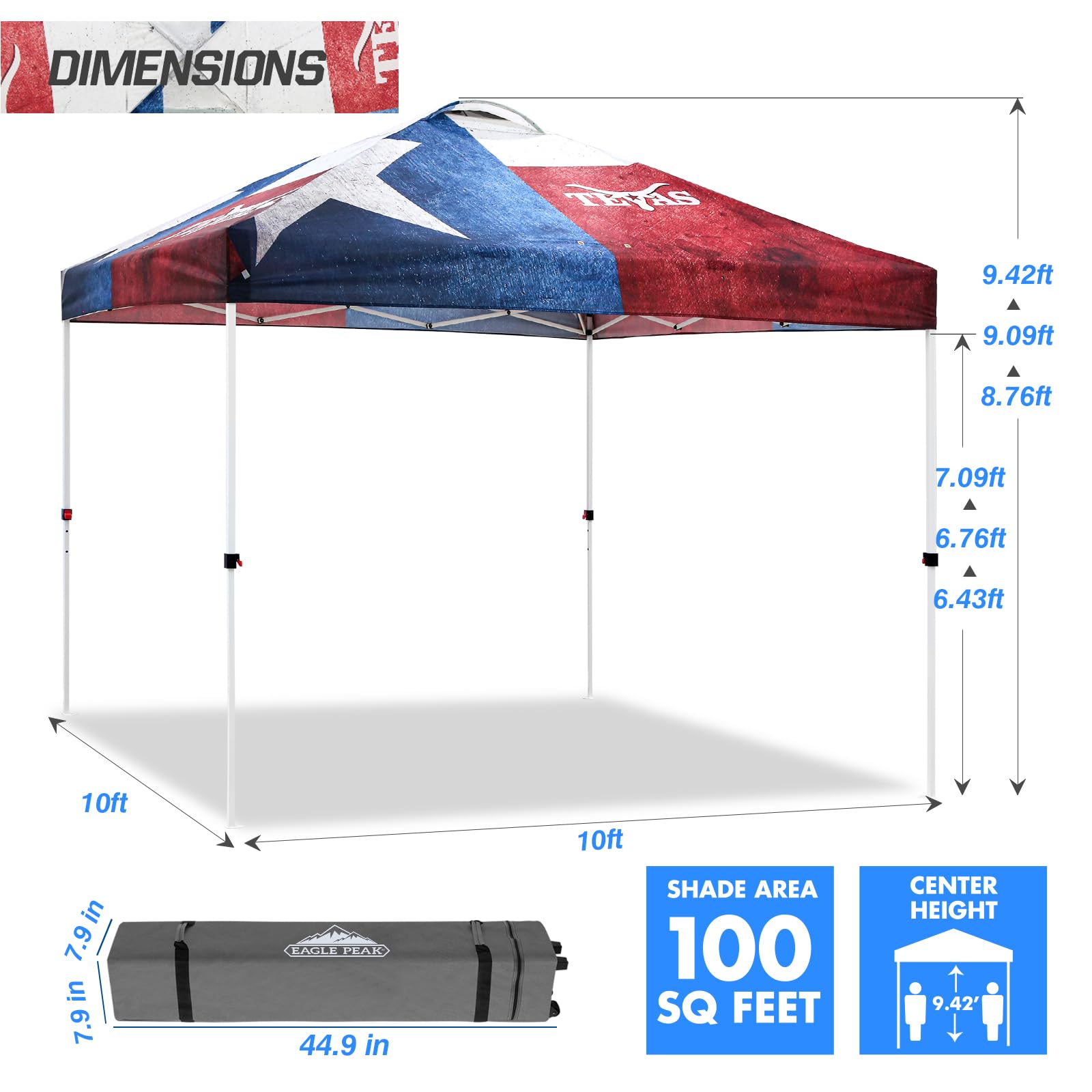 EAGLE PEAK 10x10 Pop Up Canopy, Instant Outdoor Canopy Tent, Straight Leg Pop Up Tent for Parties, Camping, The Beach and More, 100 Square Feet of Shade, Texas NEW