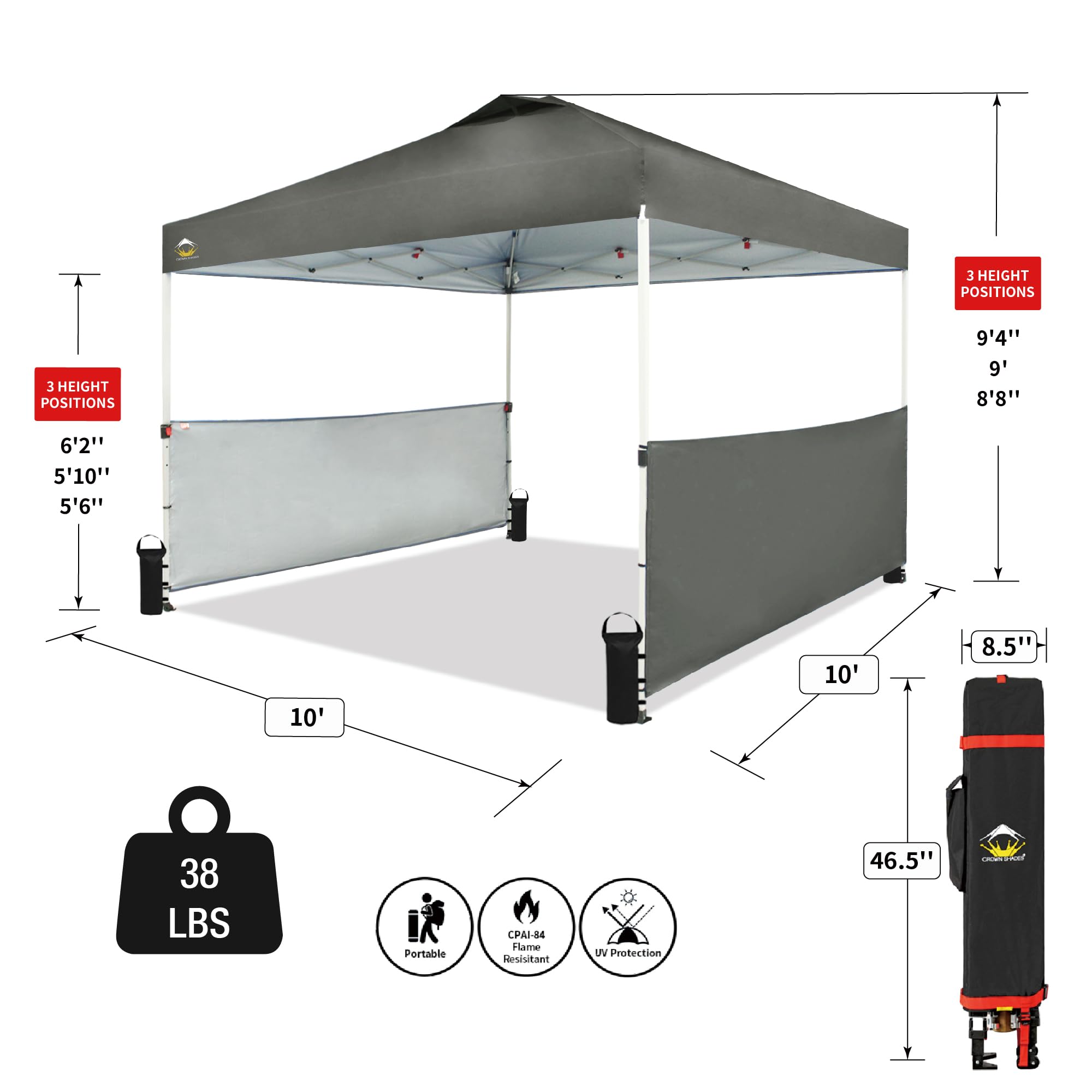 CROWN SHADES 10x10 Pop up Canopy Tent Instant Canopy with 150D Silver Coated Fabric Including 2 Half Sidewalls, 4 Ropes, 8 Stakes, 4 Weight Bags, STO 'N Go Bag, Grey