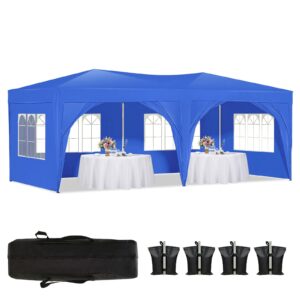 10'x20' pop up canopy tent with sidewalls, outdoor heavy duty party tent with 4 sandbags and carrying bag, large ez up tents for parties, event, waterproof (blue)