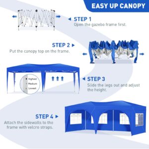 10'x20' Pop Up Canopy Tent with Sidewalls, Outdoor Heavy Duty Party Tent with 4 Sandbags and Carrying Bag, Large Ez Up Tents for Parties, Event, Waterproof (Blue)