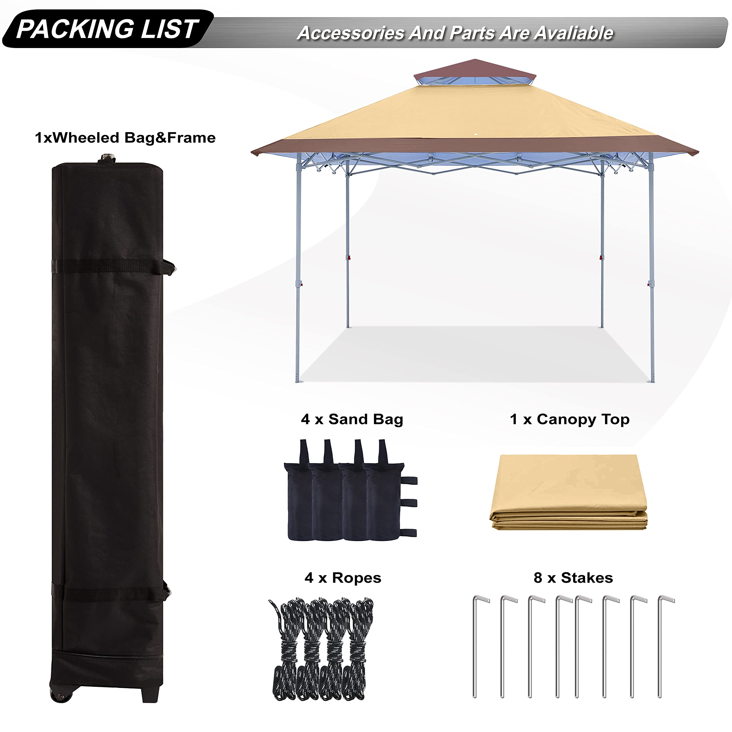 ABCCANOPY Easy Set-up 13x13 Canopy Tent 169 sq.ft Sun Shade Khaki