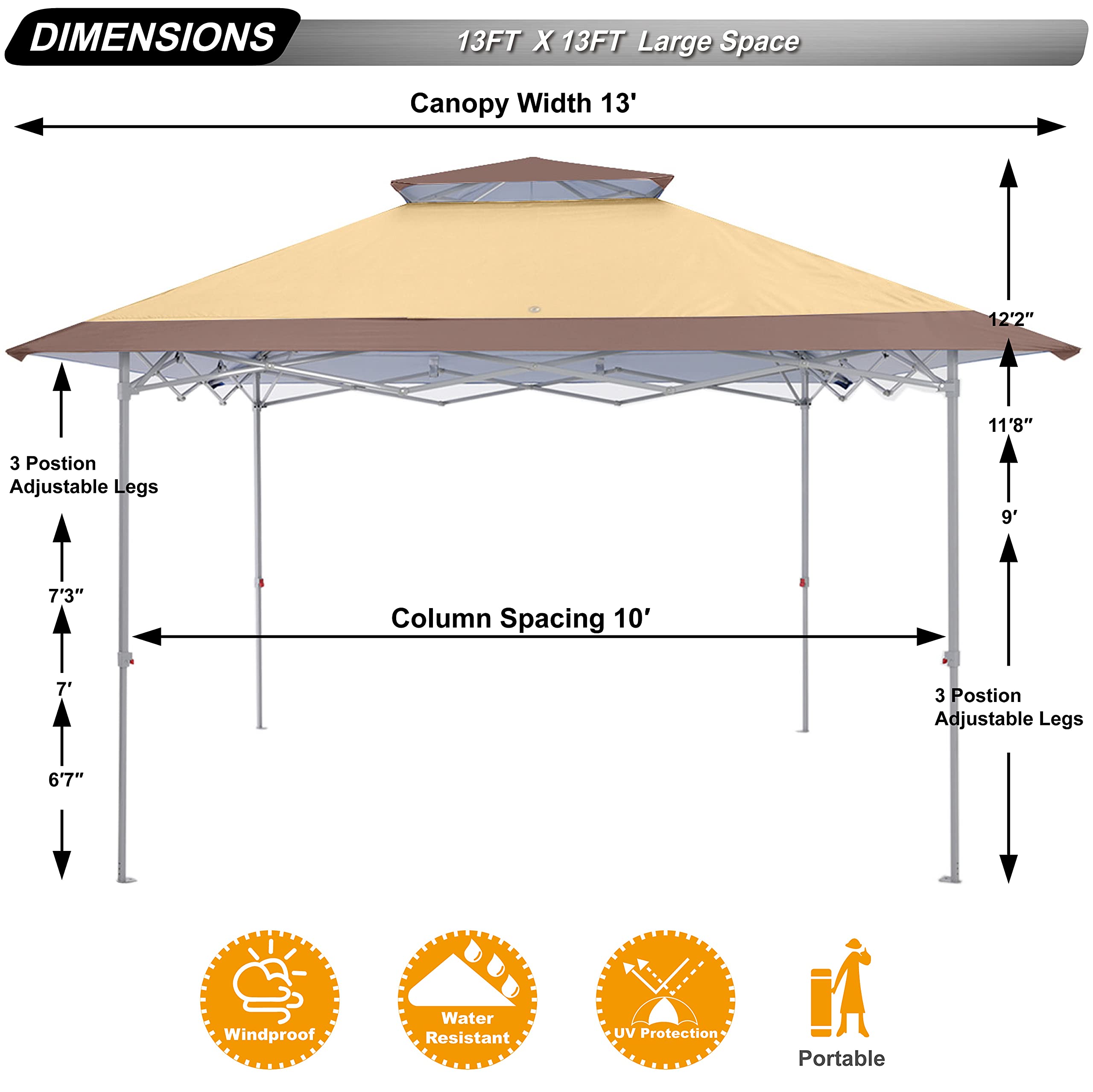 ABCCANOPY Easy Set-up 13x13 Canopy Tent 169 sq.ft Sun Shade Khaki