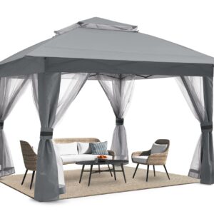 COOSHADE 13x13Ft Easy Pop Up Canopy Tent Instant Folding Shelter with Mosquito Netting Walls(Grey)