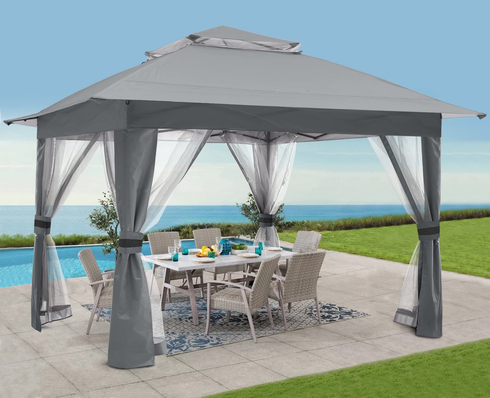 COOSHADE 13x13Ft Easy Pop Up Canopy Tent Instant Folding Shelter with Mosquito Netting Walls(Grey)