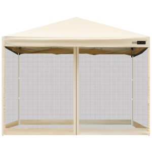 vivohome 10x10ft easy pop-up canopy, outdoor screen tent with mesh mosquito netting side walls for camping picnic party deck yard events, beige