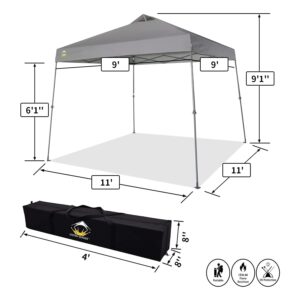 Crown Shades 11' x 11' Base 9' x 9' Top Telescoping Slant Leg Outdoor Instant Pop-Up Portable Waterproof Shade Folding Canopy with Carry Bag, Gray