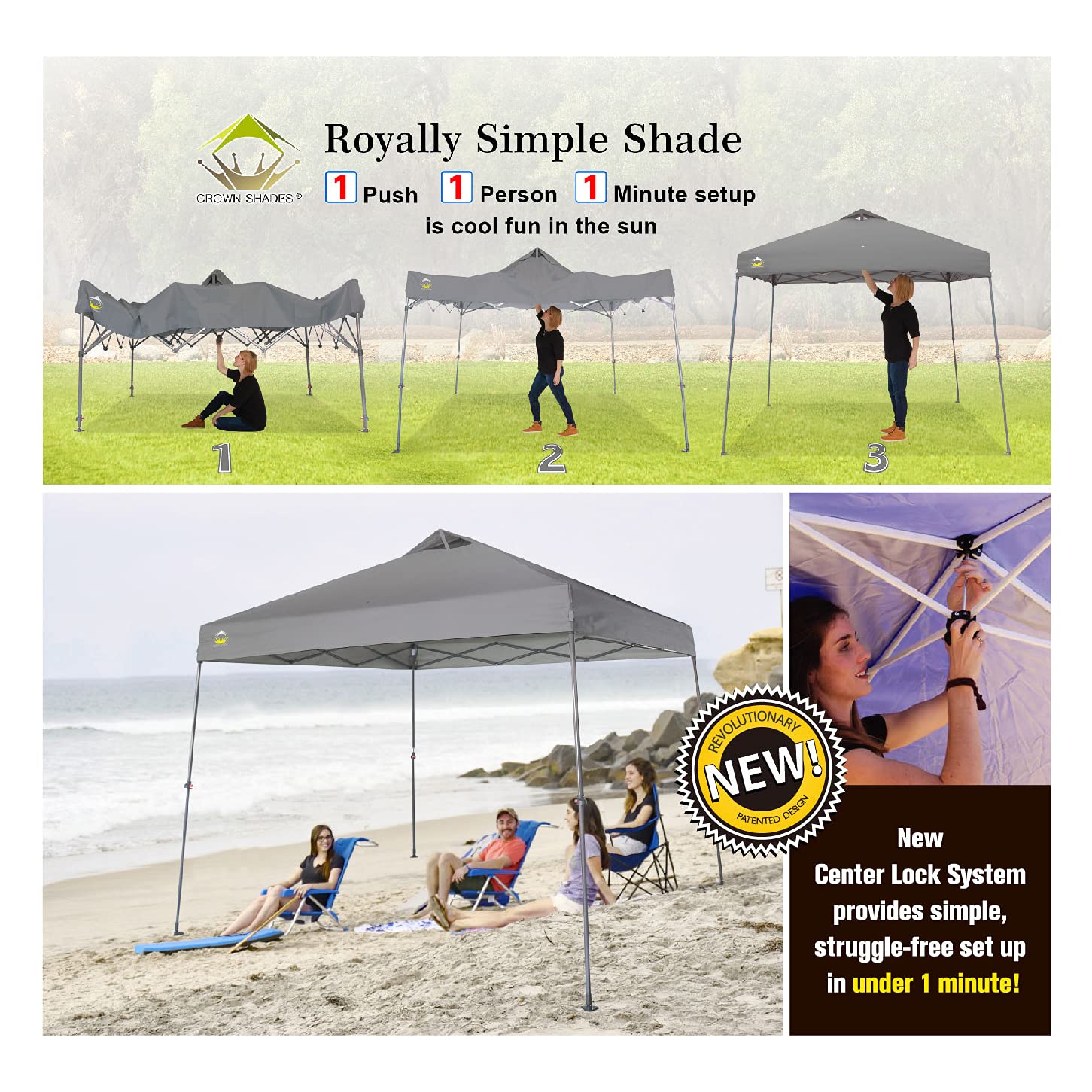 Crown Shades 11' x 11' Base 9' x 9' Top Telescoping Slant Leg Outdoor Instant Pop-Up Portable Waterproof Shade Folding Canopy with Carry Bag, Gray