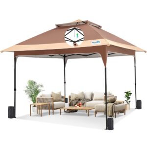 quictent pop up gazebo canopy 12 x 12, one person set up portable instant folding shelter, outdoor canopy tent with extra shade for backyard, patio, party - tan&brown