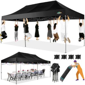 cobizi 10x20 heavy duty pop up canopy tent without sidewall ez up commercial outdoor canopy wedding party tents for parties all season wind & waterproof gazebo with roller bag,black(frame thickened)