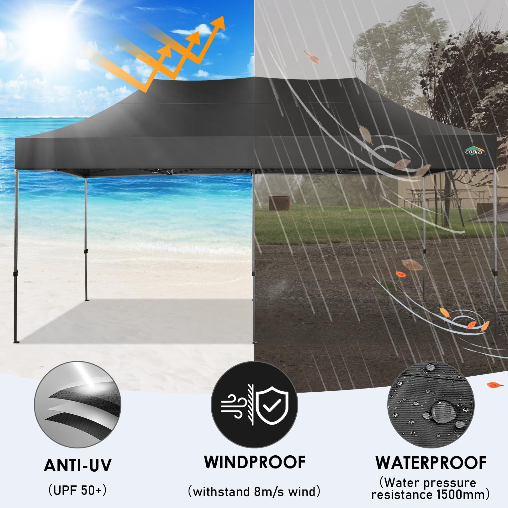 COBIZI 10x20 Heavy Duty Pop up Canopy Tent without Sidewall Ez Up Commercial Outdoor Canopy Wedding Party Tents for Parties All Season Wind & Waterproof Gazebo with Roller Bag,Black(Frame Thickened)