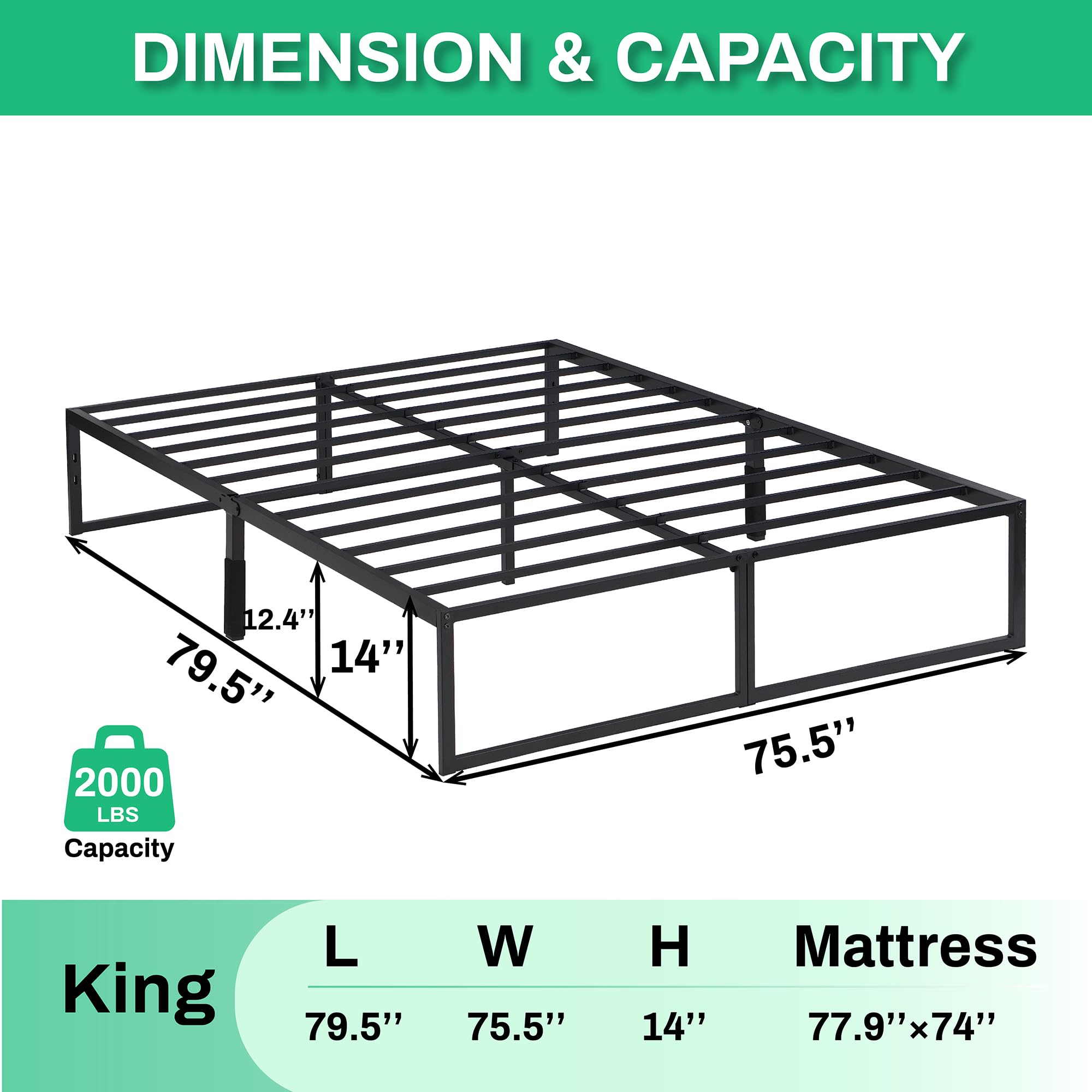 D&H FURNIMMT 14" High King Size Platform Bed Frame,No Box Spring Needed,Easy Assembly,Heavy Duty,King Bed Frame with Storage Underbed,Black