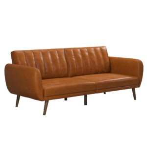 novogratz brittany futon sofa bed and couch sleeper, camel faux leather