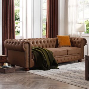 neylory leather couches for living room, 3 seater classic chesterfield sofa couch with button tufted back and roll arms, 88.5-inch faux leather sofa with nailhead trim and solid wood legs (brown)