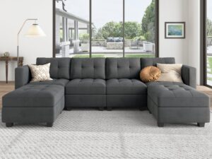 honbay modular sectional sofa with storage velvet u shaped couch with reversible chaises sectional sofa with ottomans, bluish grey