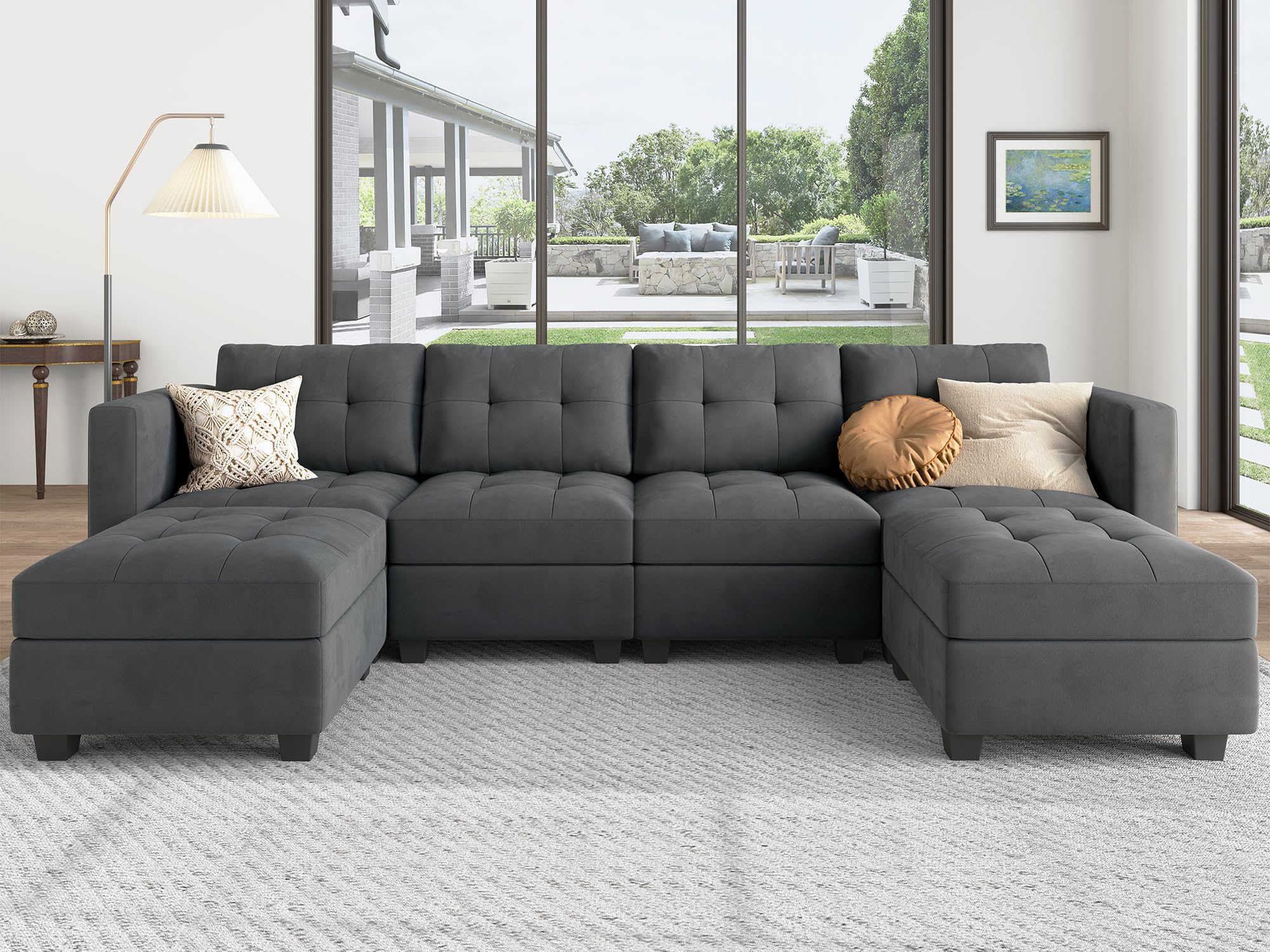 HONBAY Modular Sectional Sofa with Storage Velvet U Shaped Couch with Reversible Chaises Sectional Sofa with Ottomans, Bluish Grey