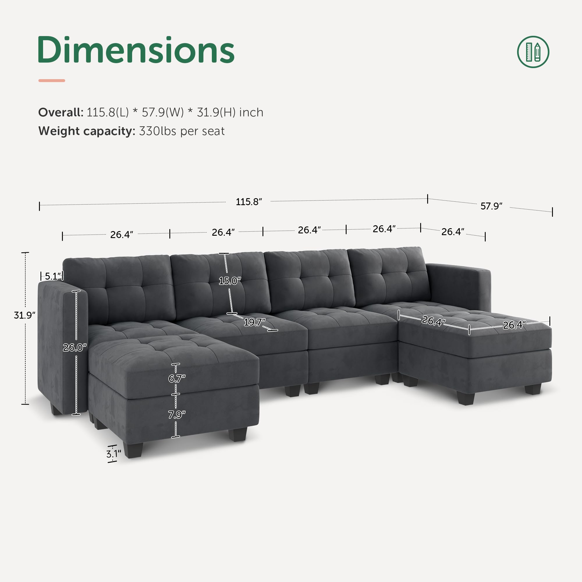 HONBAY Modular Sectional Sofa with Storage Velvet U Shaped Couch with Reversible Chaises Sectional Sofa with Ottomans, Bluish Grey