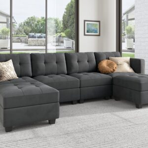 HONBAY Modular Sectional Sofa with Storage Velvet U Shaped Couch with Reversible Chaises Sectional Sofa with Ottomans, Bluish Grey