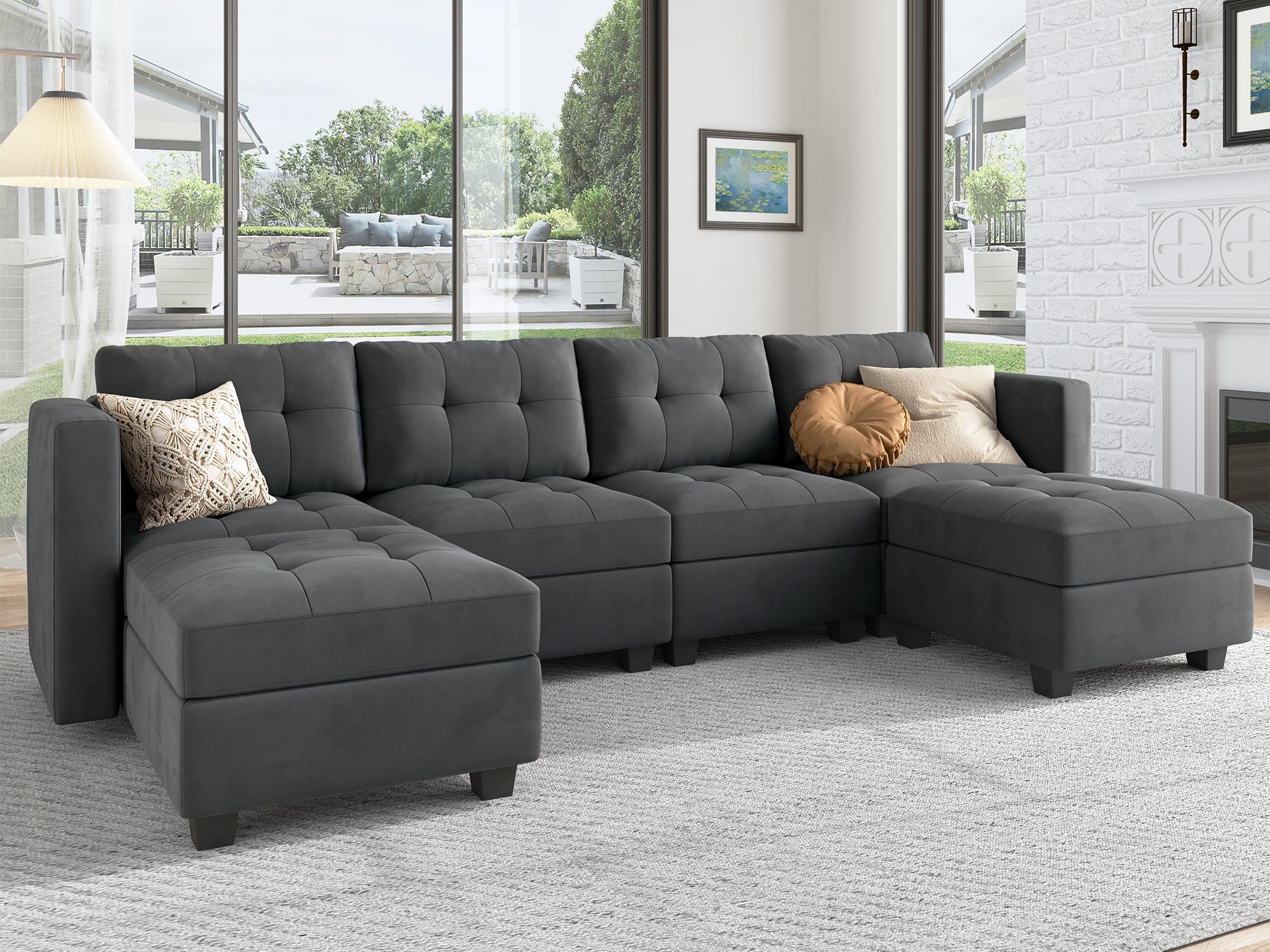 HONBAY Modular Sectional Sofa with Storage Velvet U Shaped Couch with Reversible Chaises Sectional Sofa with Ottomans, Bluish Grey