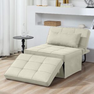 sofa bed, 4 in 1 multi-function folding ottoman breathable linen couch bed with adjustable backrest modern convertible chair for living room apartment office, white