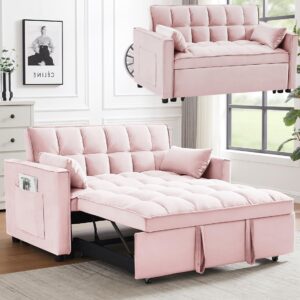 3 in 1 convertible velvet loveseat futon couch bed for small spaces - pull out sofa bed, adjustable backrest, lumbar pillows (pink)