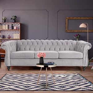 chesterfield sofa, modern tufted velvet couch 3 seater with scroll arms and nailhead for living room, bedroom, office, apartment (grey)