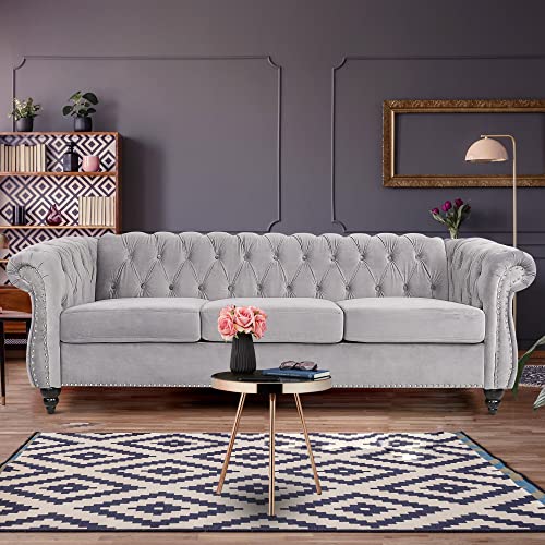 Chesterfield Sofa, Modern Tufted Velvet Couch 3 Seater with Scroll Arms and Nailhead for Living Room, Bedroom, Office, Apartment (Grey)